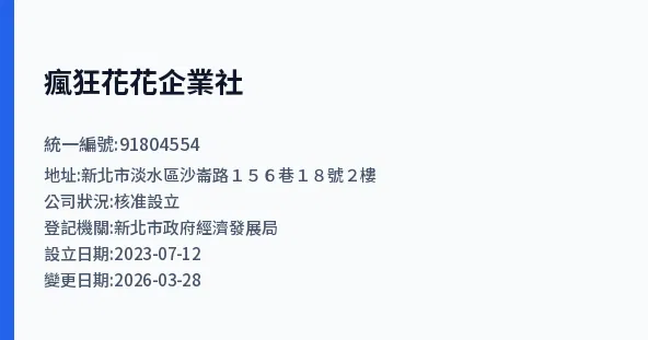 瘋狂花花企業社的照片-統編 91804554(新北市) 公司登記資料與營業項目詳細圖表