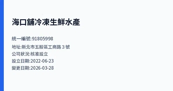 海口舖冷凍生鮮水產的照片-統編 91805998(新北市) 公司登記資料與營業項目詳細圖表