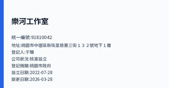 樂河工作室的照片-統編 91810042(桃園市) 公司登記資料與營業項目詳細圖表