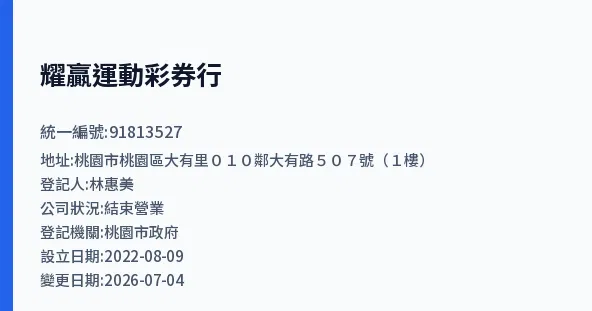 耀贏運動彩券行的照片-統編 91813527(桃園市) 公司登記資料與營業項目詳細圖表