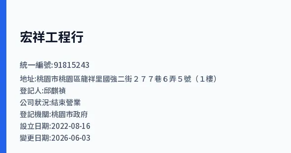 宏祥工程行的照片-統編 91815243(桃園市) 公司登記資料與營業項目詳細圖表