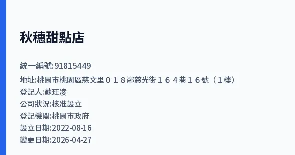 秋穗甜點店的照片-統編 91815449(桃園市) 公司登記資料與營業項目詳細圖表