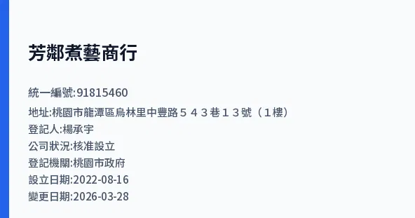 芳鄰煮藝商行的照片-統編 91815460(桃園市) 公司登記資料與營業項目詳細圖表
