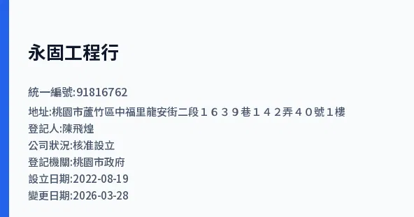 永固工程行的照片-統編 91816762(桃園市) 公司登記資料與營業項目詳細圖表