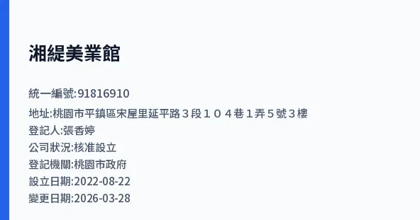 湘緹美業館的照片-統編 91816910(桃園市) 公司登記資料與營業項目詳細圖表