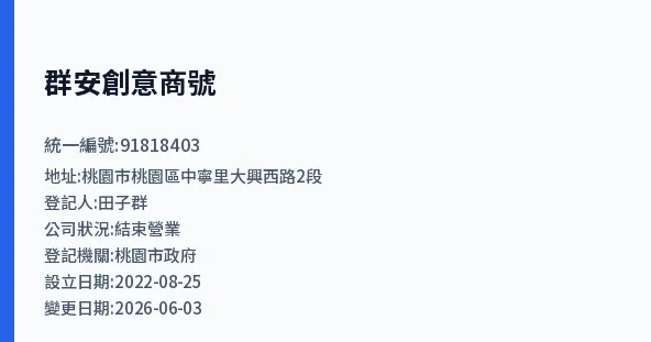 群安創意商號的照片-統編 91818403(桃園市) 公司登記資料與營業項目詳細圖表