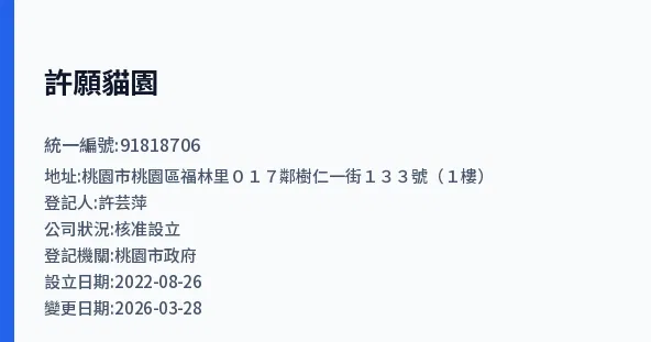 許願貓園的照片-統編 91818706(桃園市) 公司登記資料與營業項目詳細圖表
