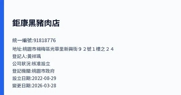 鉅康黑豬肉店的照片-統編 91818776(桃園市) 公司登記資料與營業項目詳細圖表