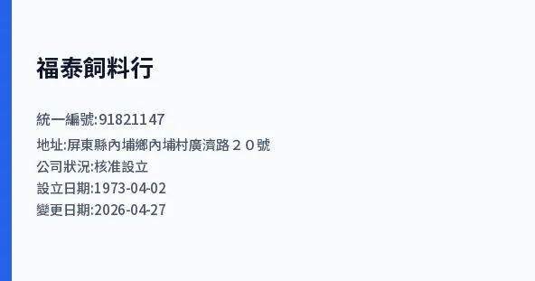 福泰飼料行的照片-統編 91821147(屏東縣) 公司登記資料與營業項目詳細圖表