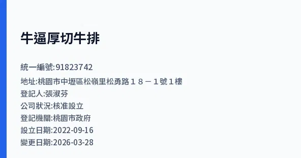牛逼厚切牛排的照片-統編 91823742(桃園市) 公司登記資料與營業項目詳細圖表