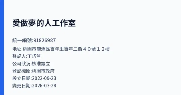 愛做夢的人工作室的照片-統編 91826987(桃園市) 公司登記資料與營業項目詳細圖表
