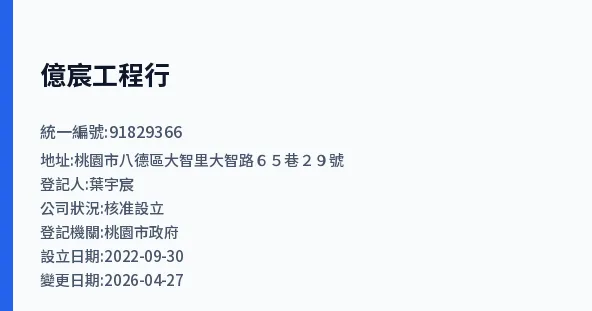 億宸工程行的照片-統編 91829366(桃園市) 公司登記資料與營業項目詳細圖表
