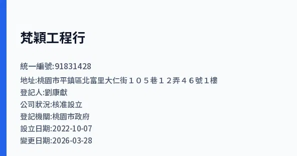 梵穎工程行的照片-統編 91831428(桃園市) 公司登記資料與營業項目詳細圖表