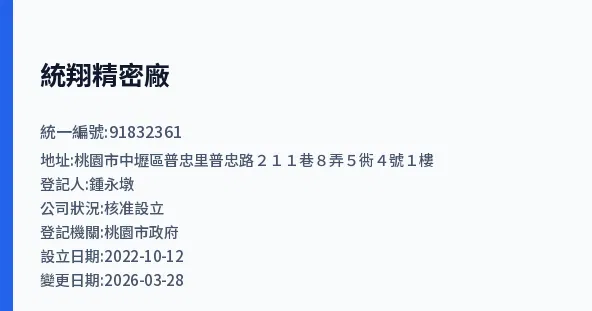統翔精密廠的照片-統編 91832361(桃園市) 公司登記資料與營業項目詳細圖表
