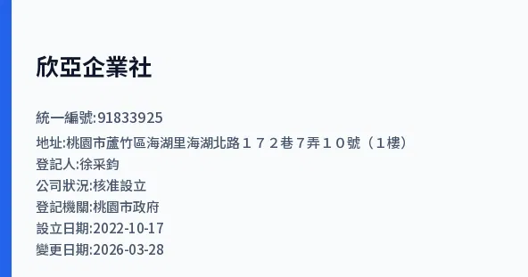 欣亞企業社的照片-統編 91833925(桃園市) 公司登記資料與營業項目詳細圖表