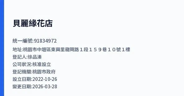 貝麗緣花店的照片-統編 91834972(桃園市) 公司登記資料與營業項目詳細圖表
