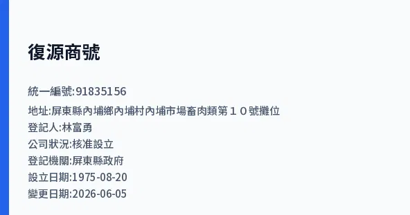 復源商號的照片-統編 91835156(屏東縣) 公司登記資料與營業項目詳細圖表