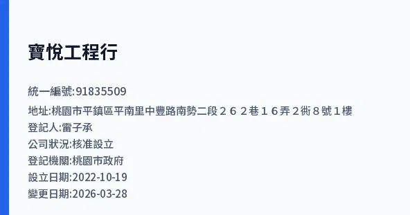 寶悅工程行的照片-統編 91835509(桃園市) 公司登記資料與營業項目詳細圖表