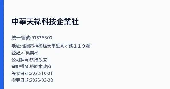 中華天祿科技企業社的照片-統編 91836303(桃園市) 公司登記資料與營業項目詳細圖表