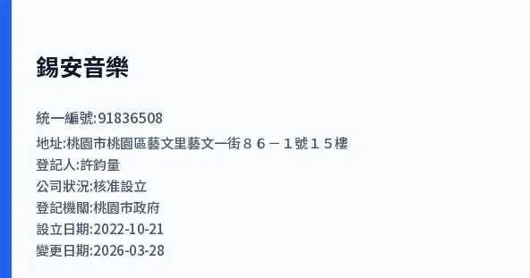 錫安音樂的照片-統編 91836508(桃園市) 公司登記資料與營業項目詳細圖表