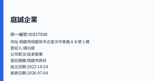 庭誠企業的照片-統編 91837008(桃園市) 公司登記資料與營業項目詳細圖表