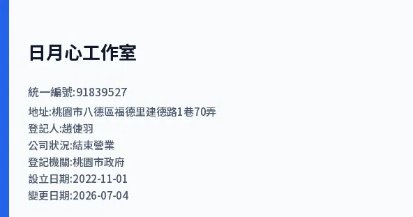 日月心工作室的照片-統編 91839527(桃園市) 公司登記資料與營業項目詳細圖表