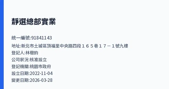 靜選總部實業的照片-統編 91841143(新北市) 公司登記資料與營業項目詳細圖表