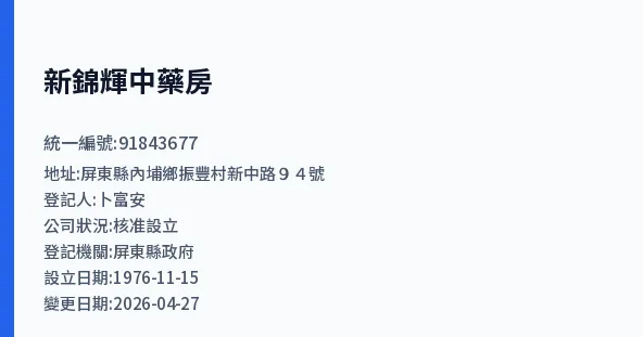 新錦輝中藥房的照片-統編 91843677(屏東縣) 公司登記資料與營業項目詳細圖表