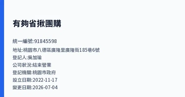 有夠省揪團購的照片-統編 91845598(桃園市) 公司登記資料與營業項目詳細圖表