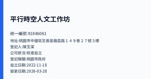 平行時空人文工作坊的照片-統編 91846061(桃園市) 公司登記資料與營業項目詳細圖表