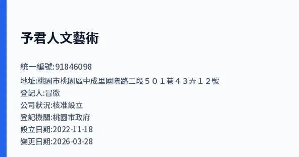 予君人文藝術的照片-統編 91846098(桃園市) 公司登記資料與營業項目詳細圖表