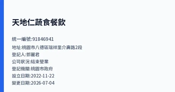 天地仁蔬食餐飲的照片-統編 91846941(桃園市) 公司登記資料與營業項目詳細圖表