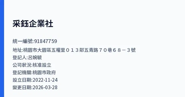 采鈺企業社的照片-統編 91847759(桃園市) 公司登記資料與營業項目詳細圖表