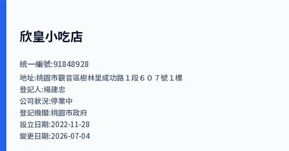 欣皇小吃店的照片-統編 91848928(桃園市) 公司登記資料與營業項目詳細圖表