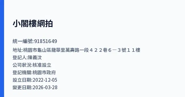 小閣樓網拍的照片-統編 91851649(桃園市) 公司登記資料與營業項目詳細圖表