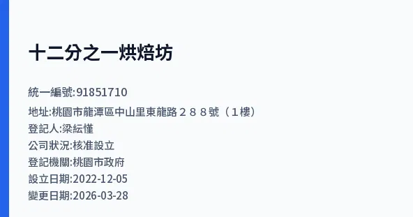 十二分之一烘焙坊的照片-統編 91851710(桃園市) 公司登記資料與營業項目詳細圖表