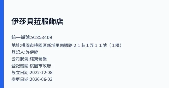 伊莎貝菈服飾店的照片-統編 91853409(桃園市) 公司登記資料與營業項目詳細圖表