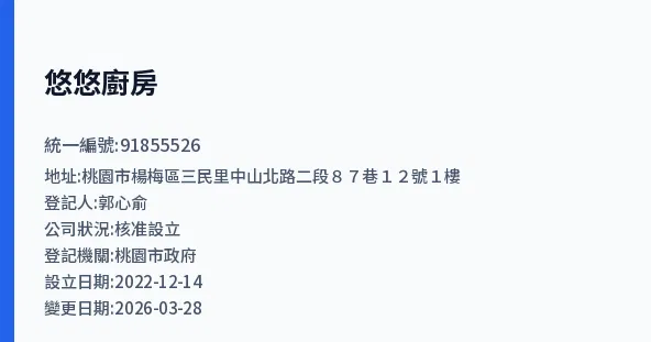 悠悠廚房的照片-統編 91855526(桃園市) 公司登記資料與營業項目詳細圖表