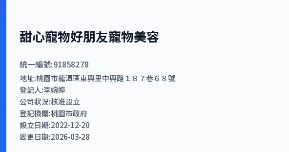 甜心寵物好朋友寵物美容的照片-統編 91858278(桃園市) 公司登記資料與營業項目詳細圖表