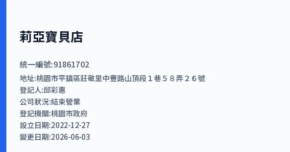 莉亞寶貝店的照片-統編 91861702(桃園市) 公司登記資料與營業項目詳細圖表