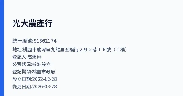光大農產行的照片-統編 91862174(桃園市) 公司登記資料與營業項目詳細圖表