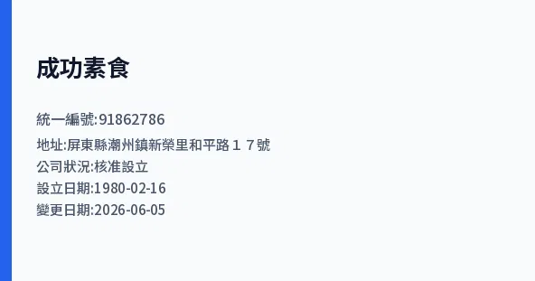 成功素食的照片-統編 91862786(屏東縣) 公司登記資料與營業項目詳細圖表