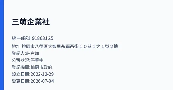 三萌企業社的照片-統編 91863125(桃園市) 公司登記資料與營業項目詳細圖表