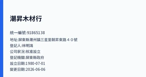 潮昇木材行的照片-統編 91865138(屏東縣) 公司登記資料與營業項目詳細圖表