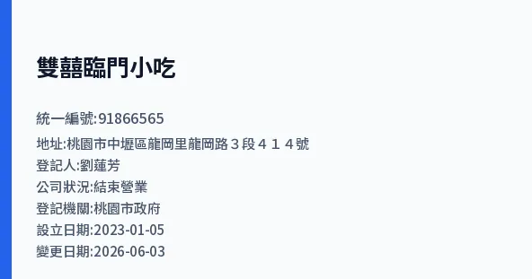雙囍臨門小吃的照片-統編 91866565(桃園市) 公司登記資料與營業項目詳細圖表