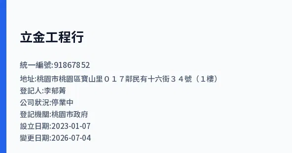立金工程行的照片-統編 91867852(桃園市) 公司登記資料與營業項目詳細圖表