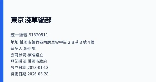 東京淺草貓部的照片-統編 91870511(桃園市) 公司登記資料與營業項目詳細圖表