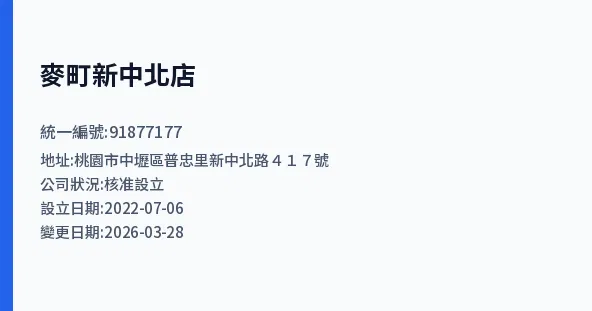 麥町新中北店的照片-統編 91877177(桃園市) 公司登記資料與營業項目詳細圖表