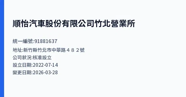 順怡汽車股份有限公司竹北營業所的照片-統編 91881637(新竹縣) 公司登記資料與營業項目詳細圖表