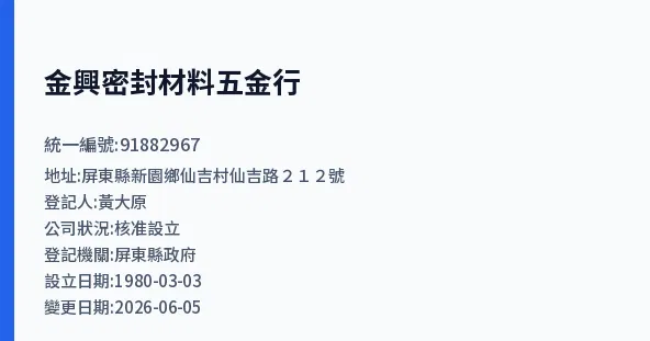 金興密封材料五金行的照片-統編 91882967(屏東縣) 公司登記資料與營業項目詳細圖表